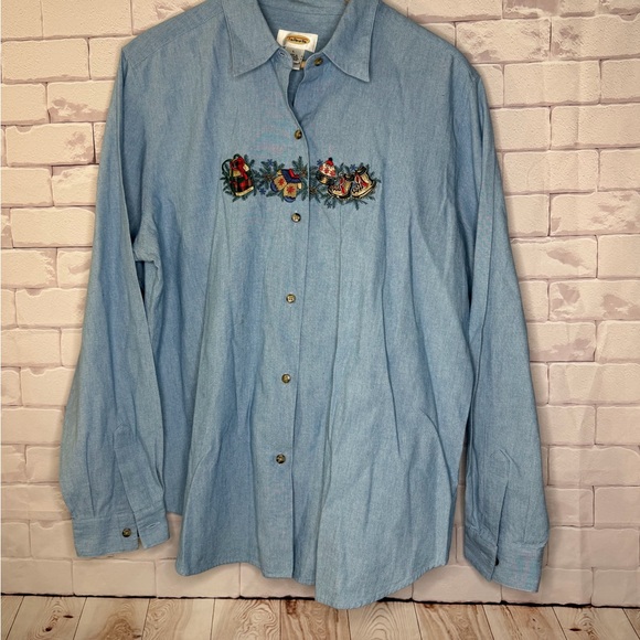 Talbots | Tops | Talbots Light Blue Christmas Denim Shirt | Poshmark